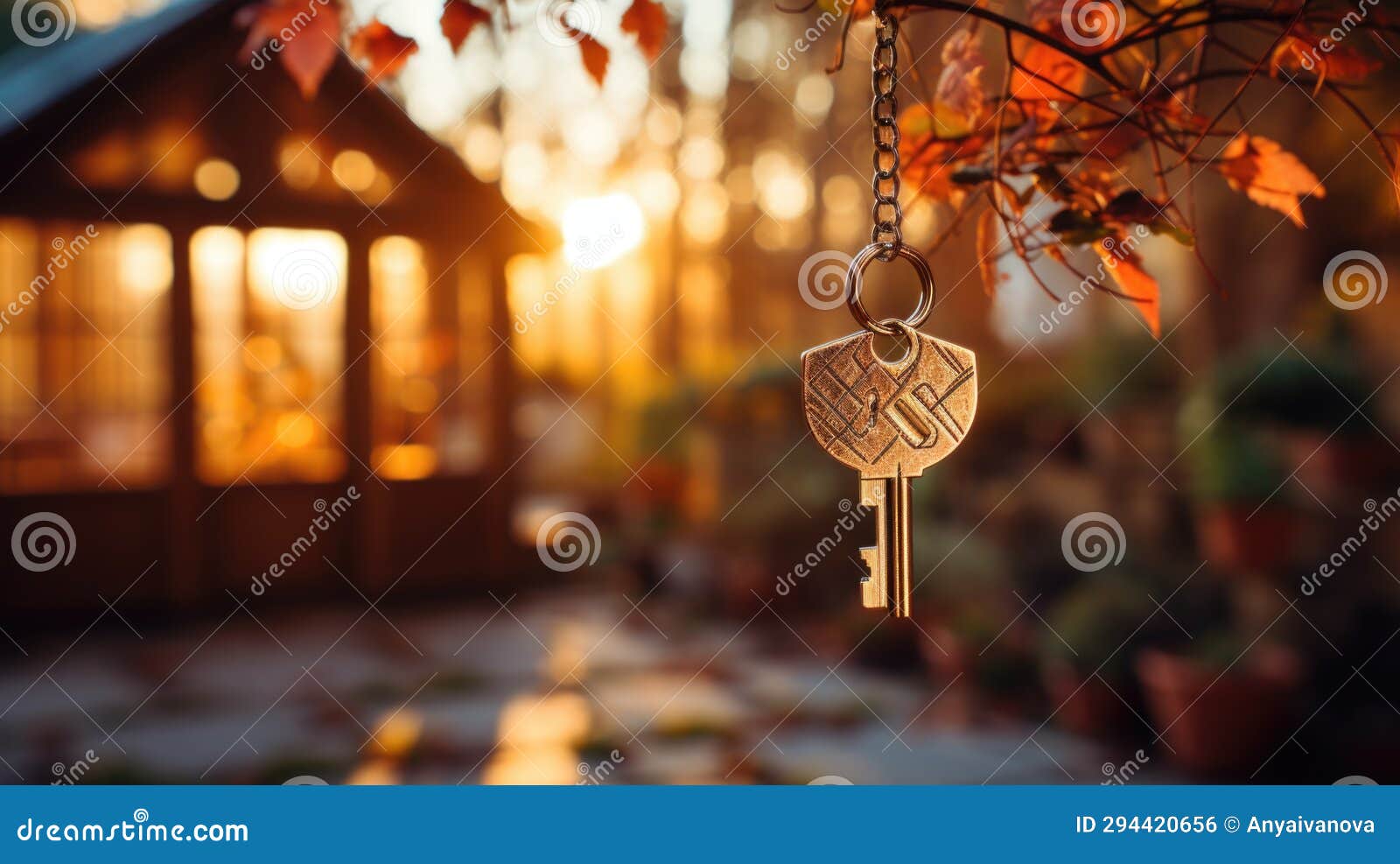A Key Hanging from a Tree in Front of a House Stock Illustration ...