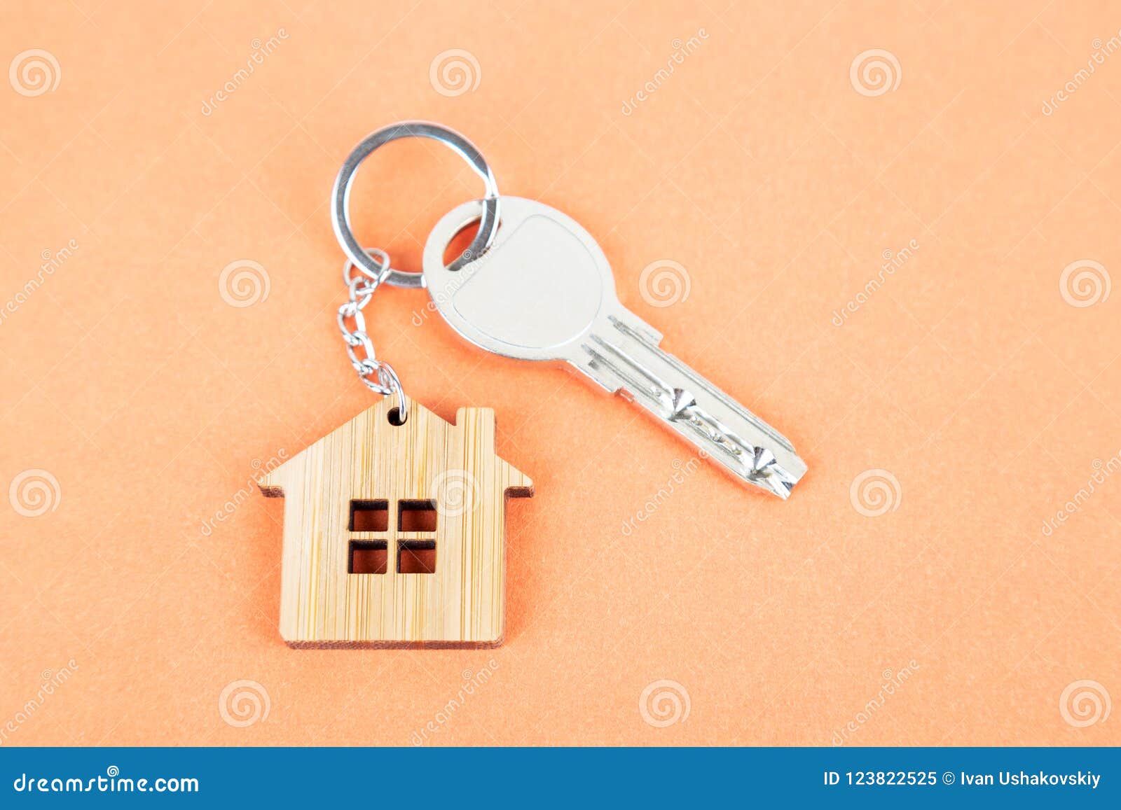 A Key on a House Shaped Wooden Keychain Stock Image - Image of personal ...