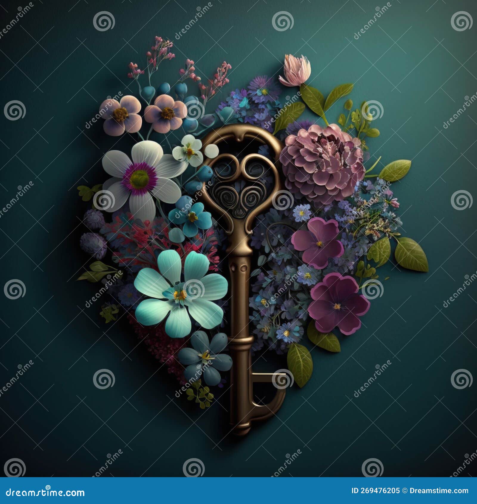 Key Inside Heart Shaped Flowers, Ai Generated Stock Image - Image of ...