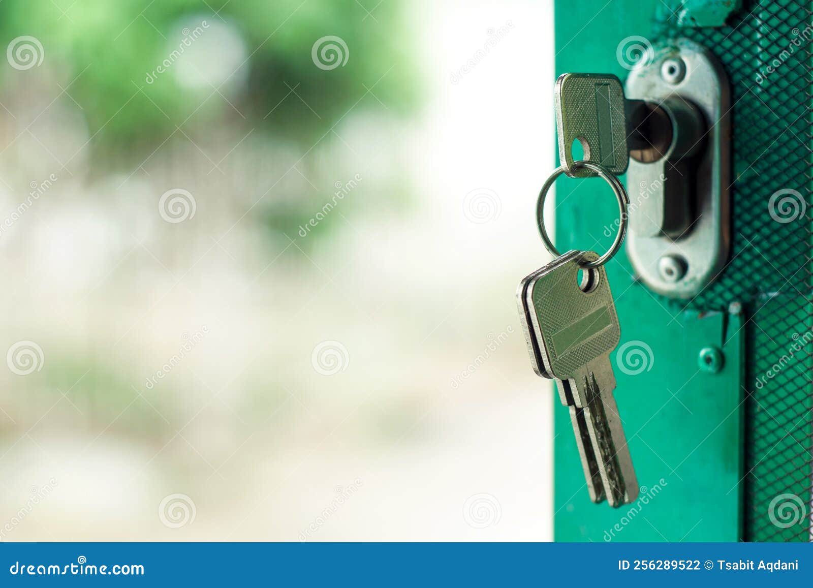 Key Lock with Key on Green the Door Stock Photo - Image of finger, blue ...