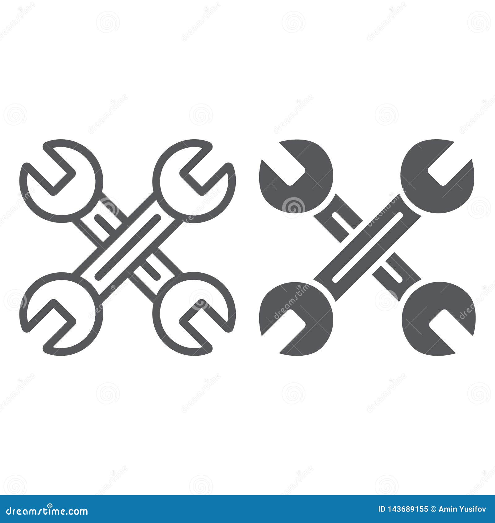 Key Mechanic Line and Glyph Icon, Auto and Tool, Crossed Wrenches Sign ...