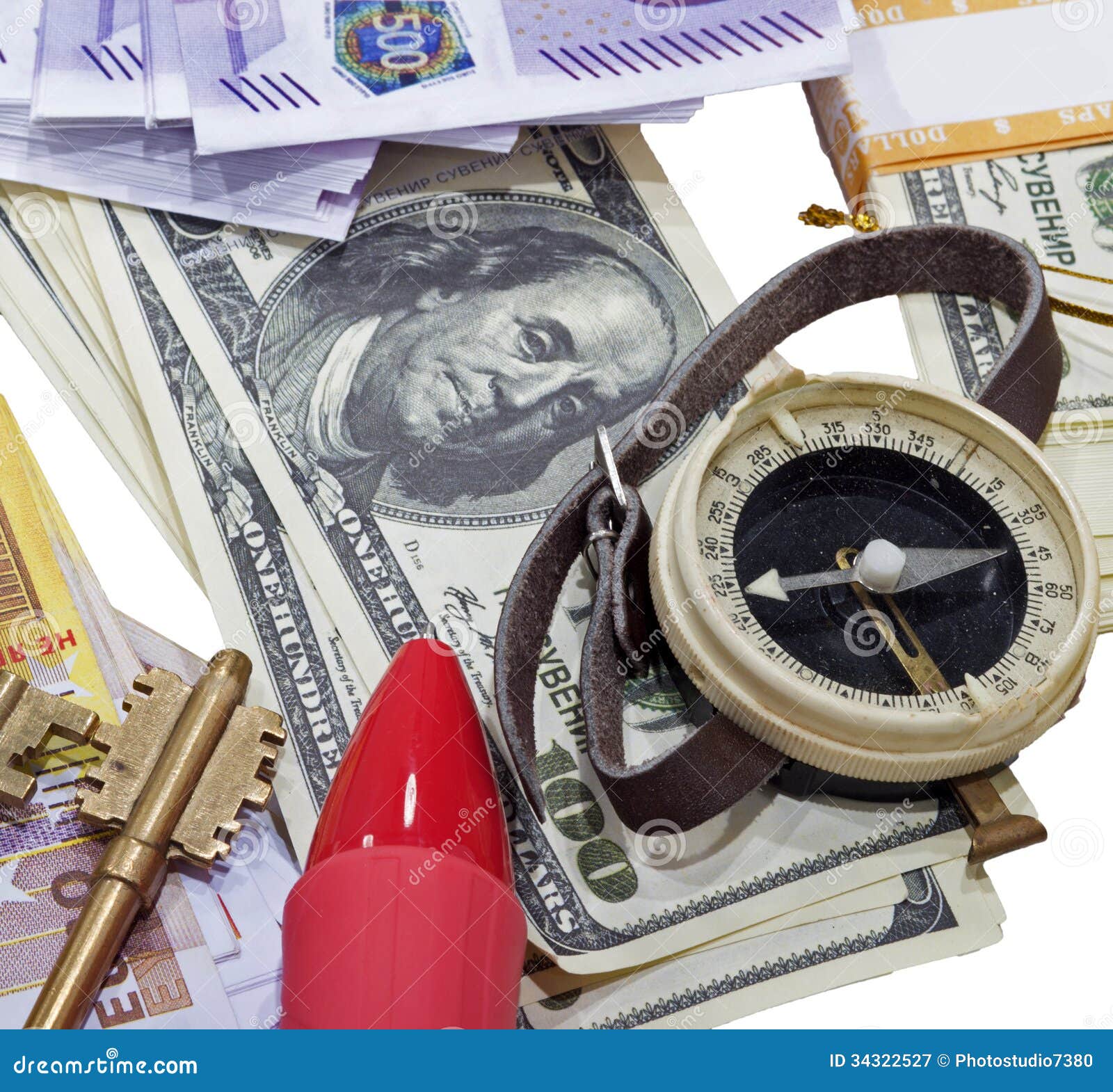 Key, money and compass stock image. Image of compass - 34322527