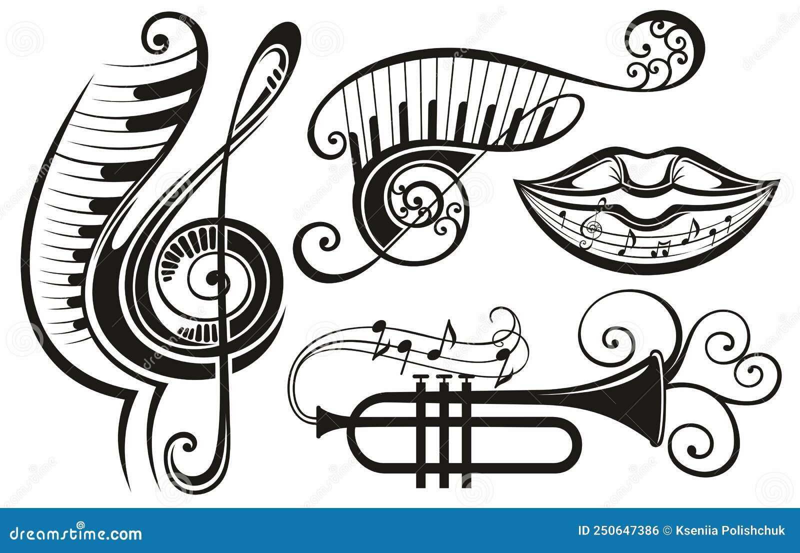 Stylized Key Notes and Notes with Floral Elementes, Collection of Music ...