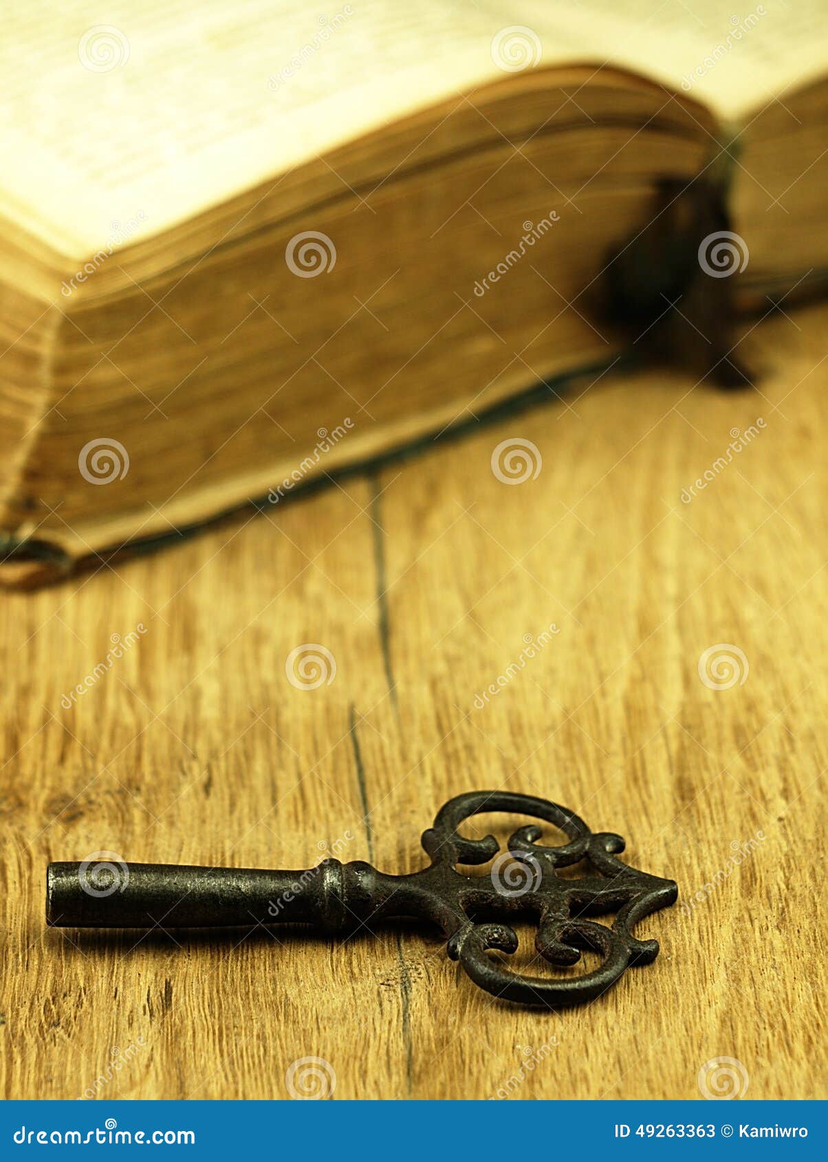Key and Old, Open Book with a Damaged Cover. Stock Image - Image of ...