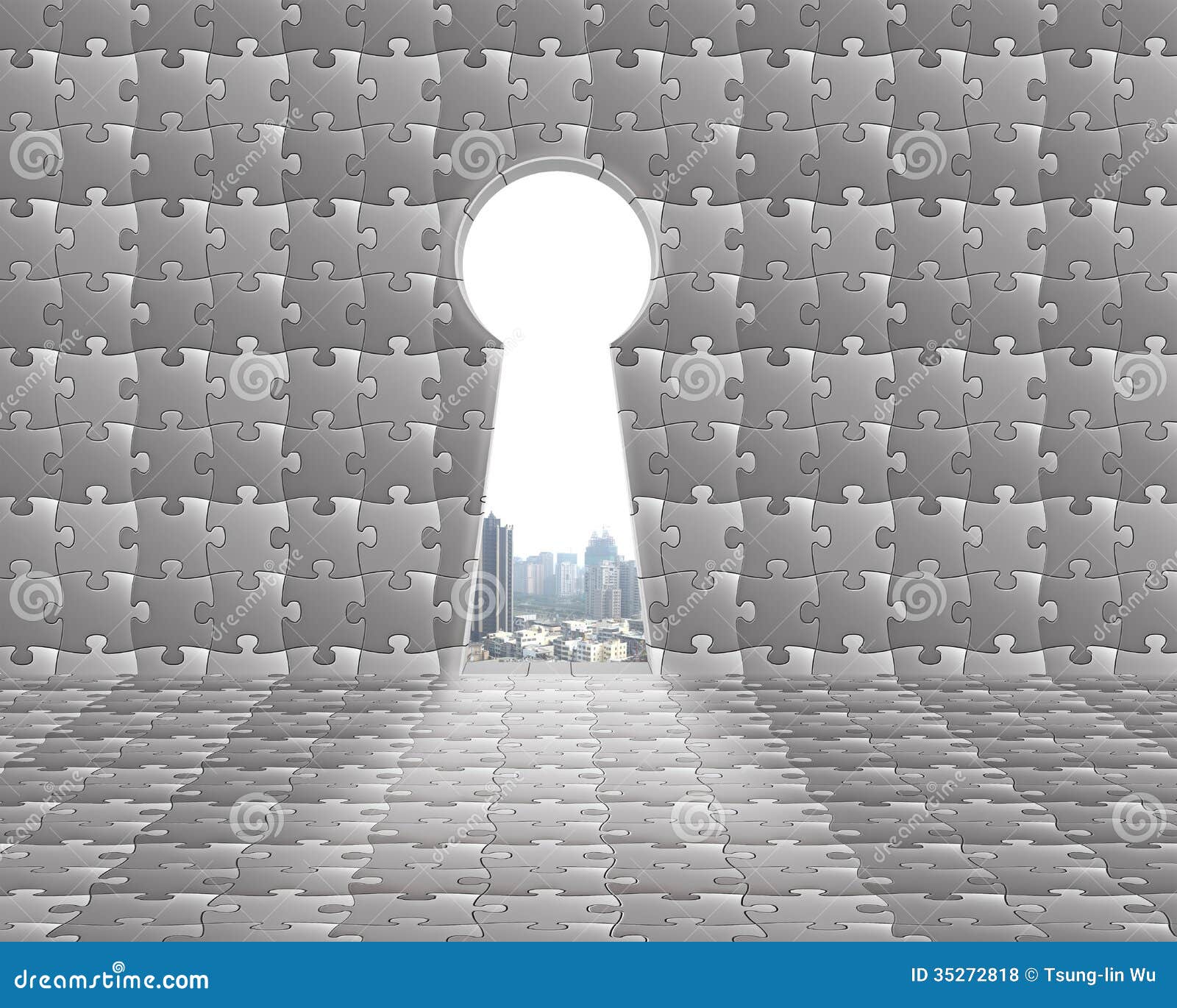 Key Shape Door on Puzzles Wall with City View Outside Stock ...