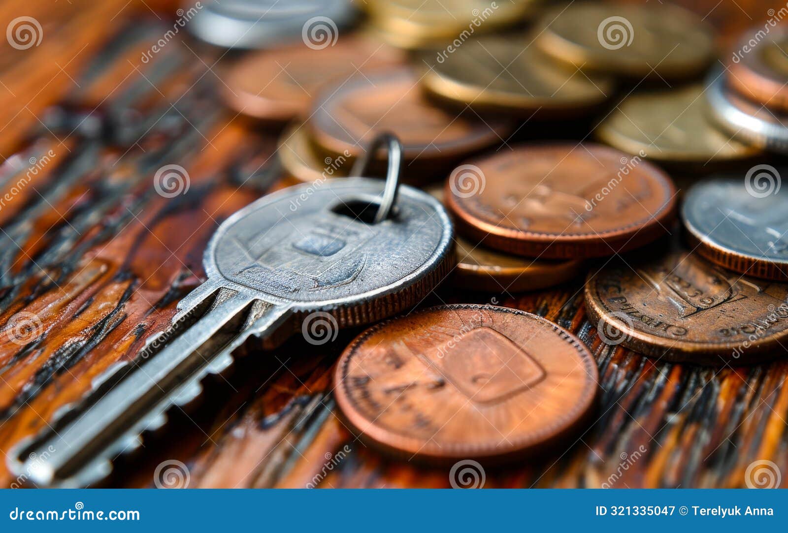 Key and Some Coins on Wooden Table Stock Image - Image of closeup ...