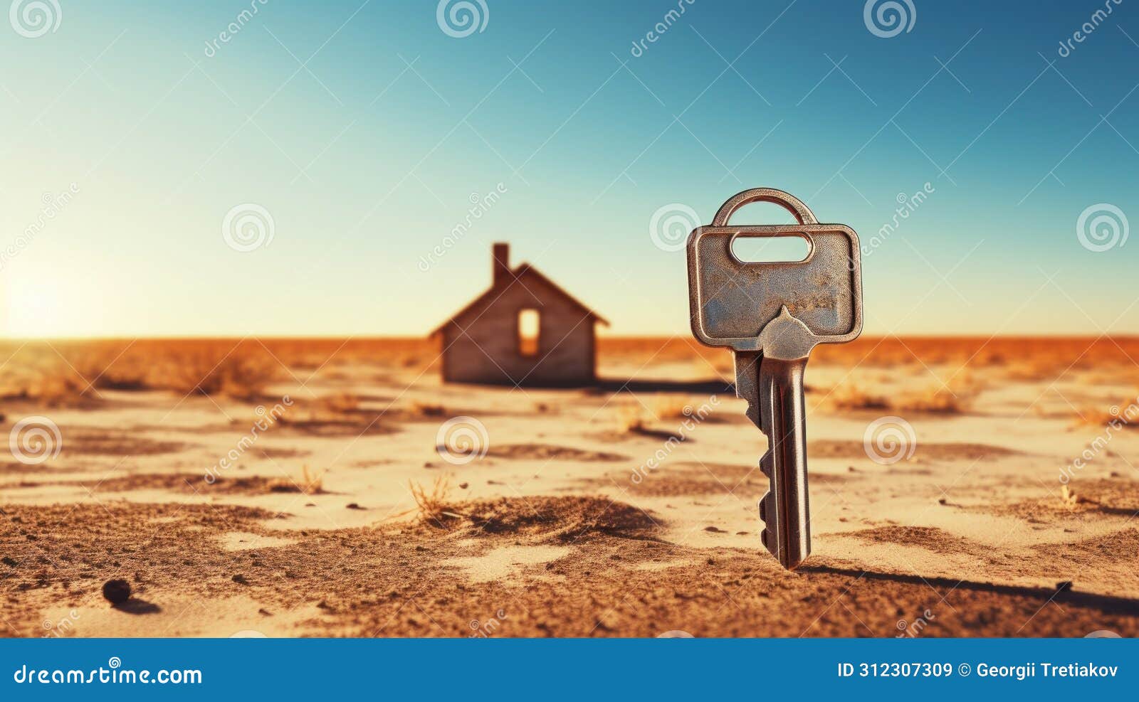 Key Standing in Desert with Distant House Background Stock Illustration ...