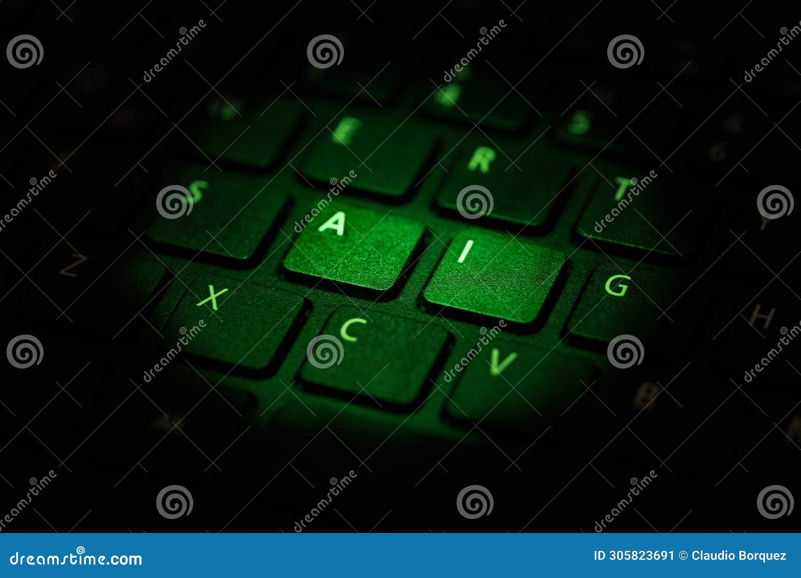 Keyboard Being Illuminated with Green Light Highlighting Letters a I ...