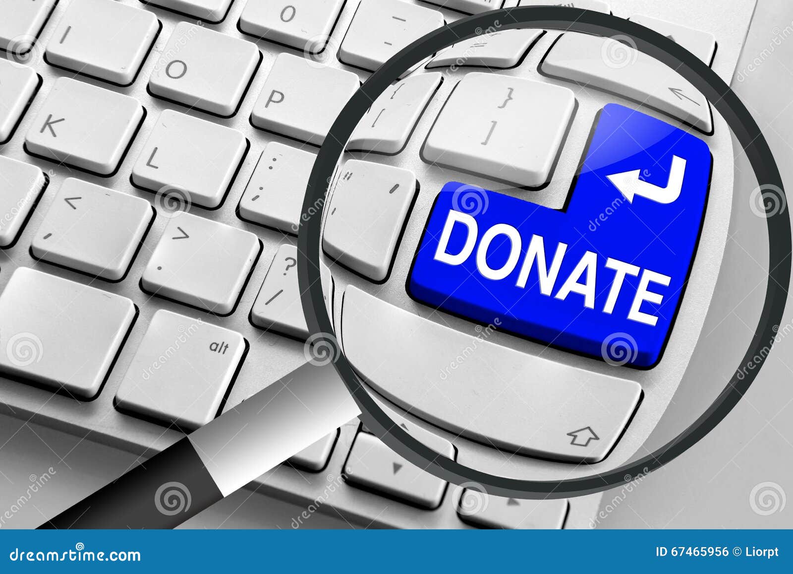Keyboard with Blue Donate Button and Magnifying Glass Stock Photo ...
