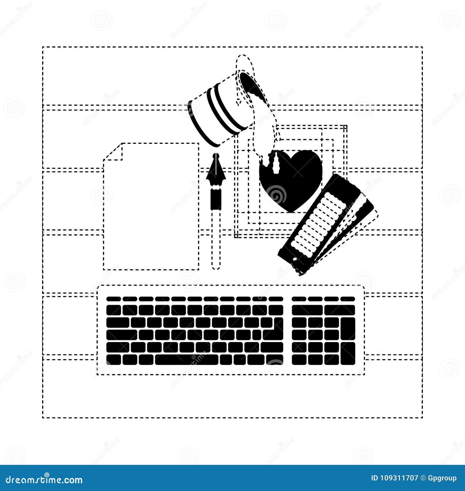 Keyboard Computer and Drawing Tools Over Desk on Top View in Black ...