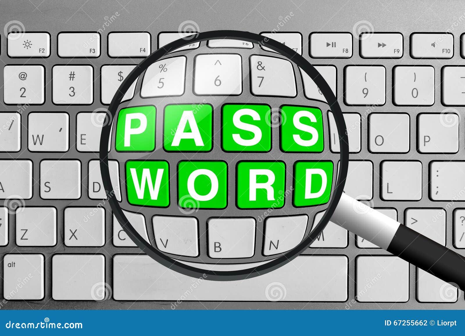 Keyboard with Green Password Buttons and Magnifying Glass Stock Photo ...