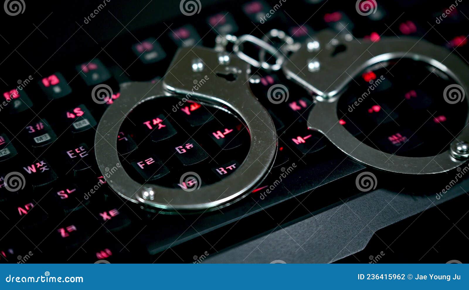 Keyboard and Handcuffs with LED Lights on. Cybercrime Concept. Stock ...