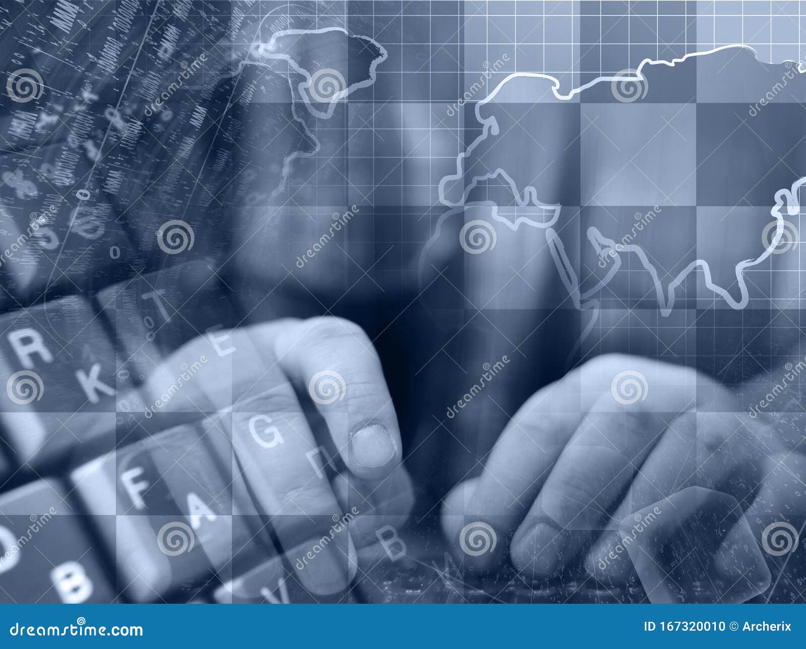 Keyboard, hands and map stock photo. Image of information - 167320010
