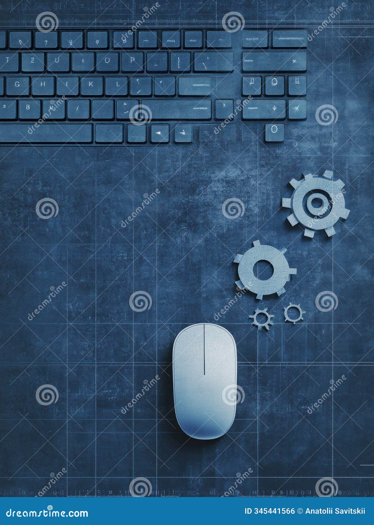 A Keyboard Overlays a Computer Mouse and Gears, Symbolizing Technology ...