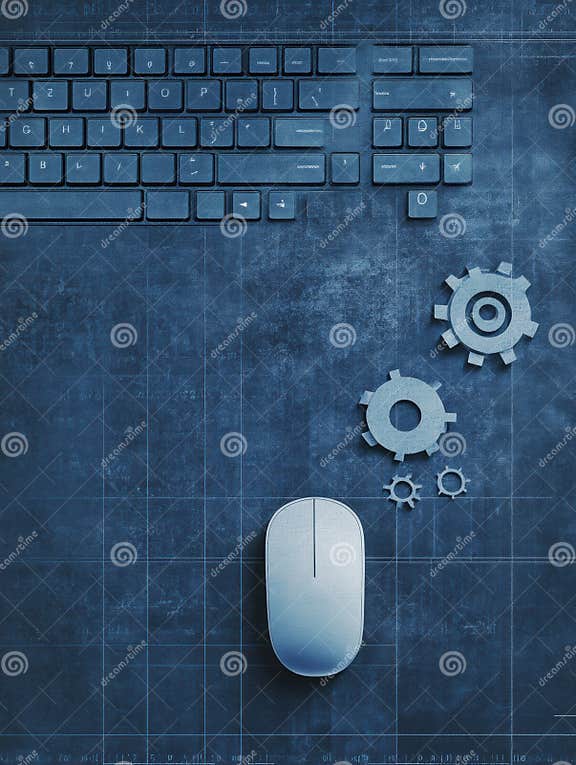 A Keyboard Overlays a Computer Mouse and Gears, Symbolizing Technology ...