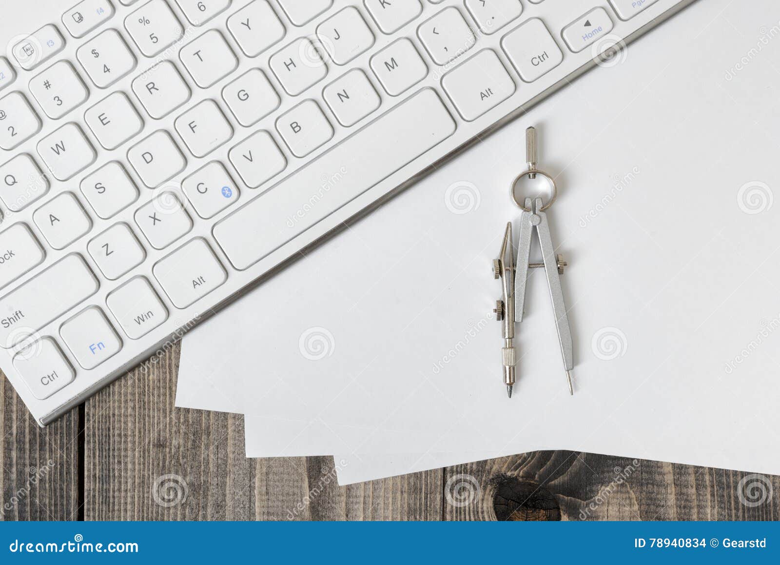 Keyboard, Paper and Compass on Wooden Plank. Stock Photo - Image of ...