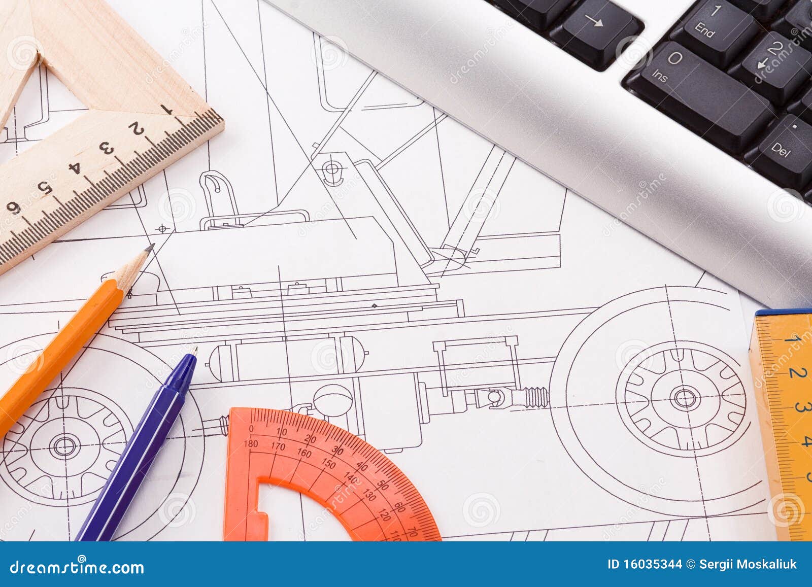 Keyboard, Pens On Drafting Picture. Image: 16035344