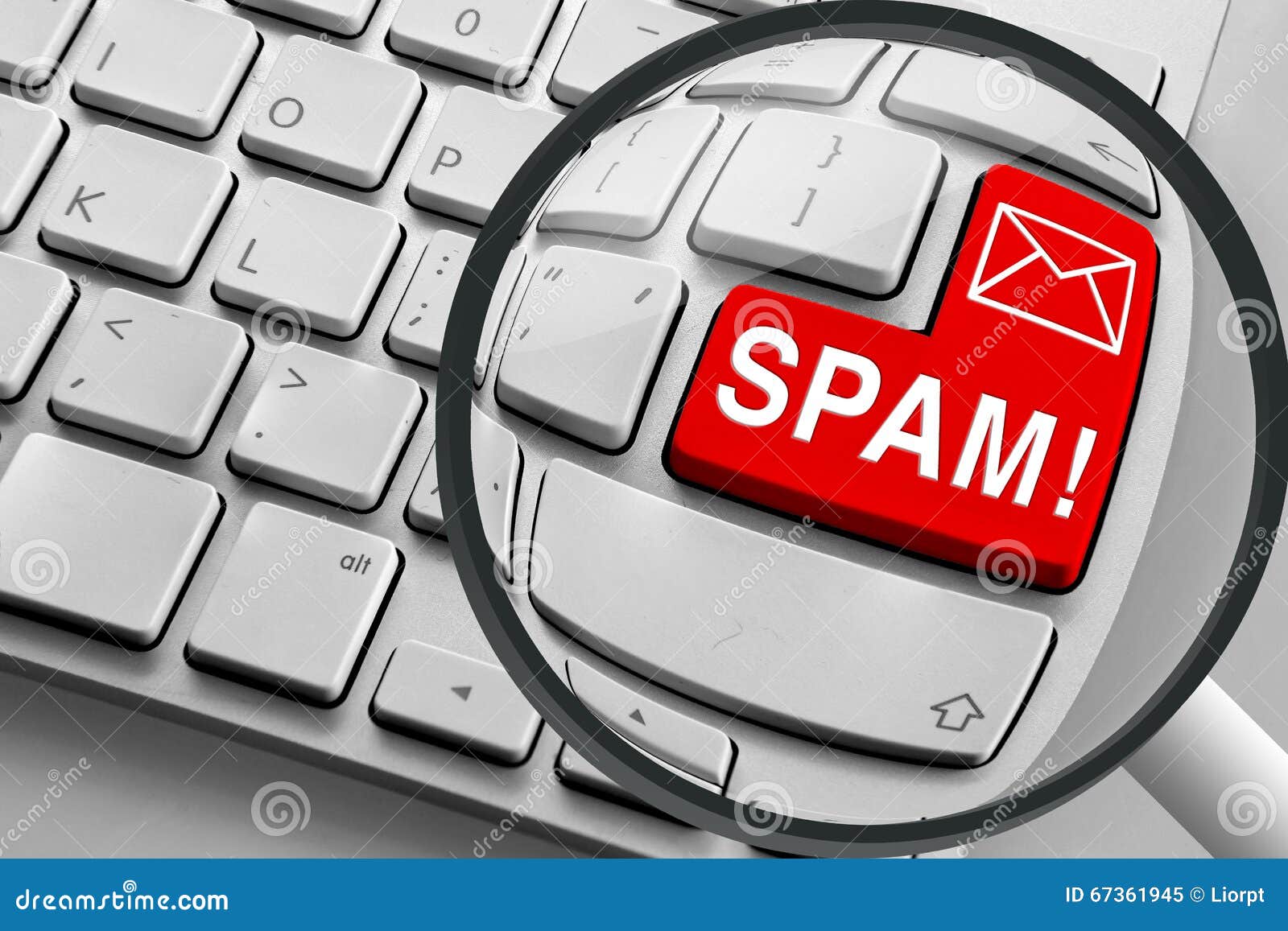 Keyboard with Red Spam Email Email Button and Magnifying Glass Stock ...