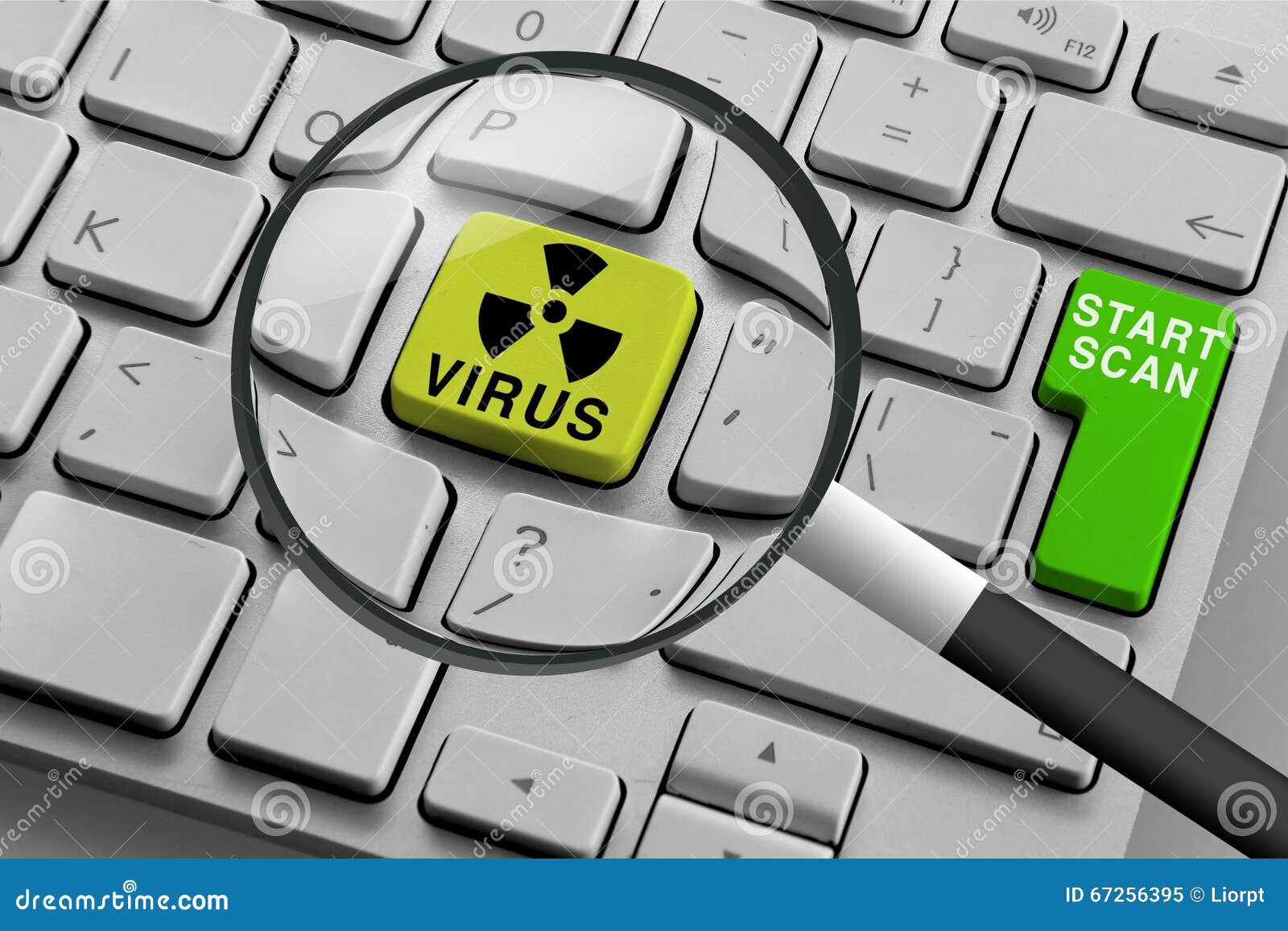 Keyboard with Yellow Virus Button Magnifying Glass Stock Image - Image ...