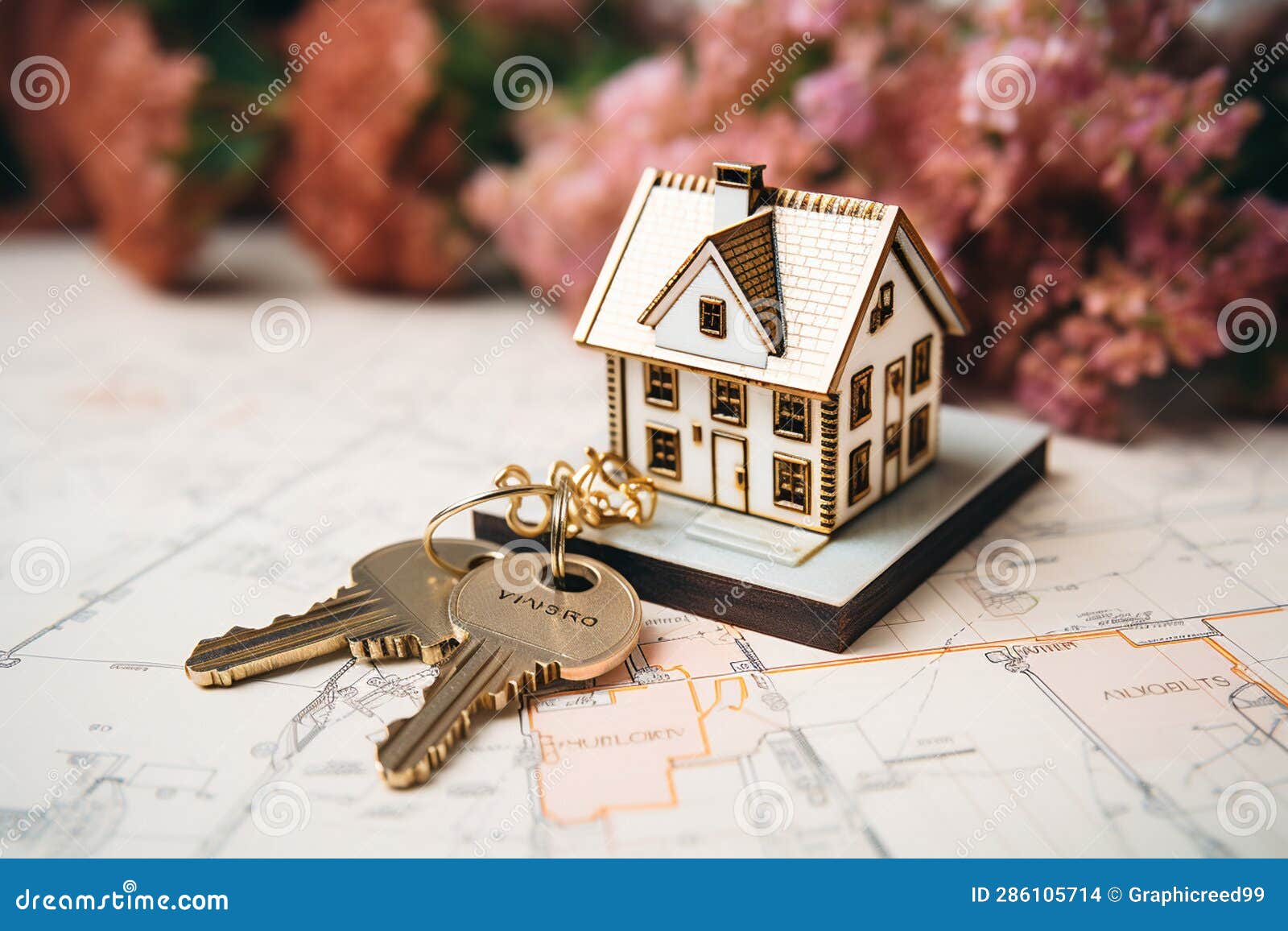 Keychain with House Model and Keys on the Background of the ...