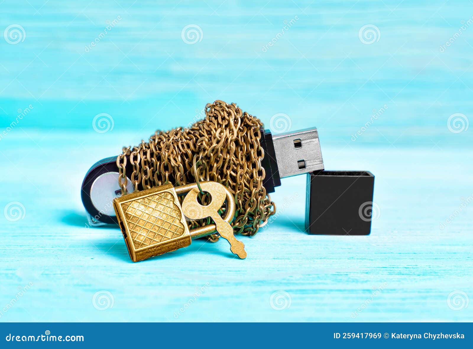 Keyed Padlock Chained To a Memory Stick on Blue Stock Image - Image of ...