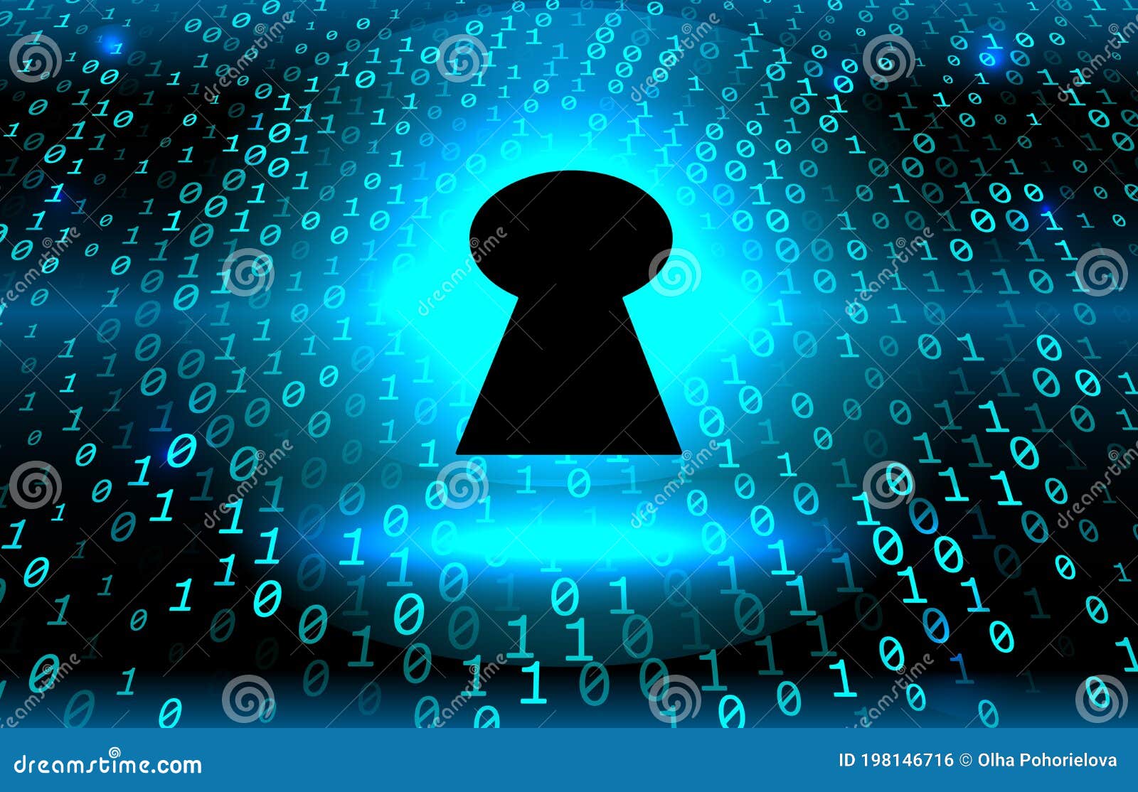 Keyhole on the Background Stream of Binary Matrix Code on the Screen. Numbers of the Computer ...