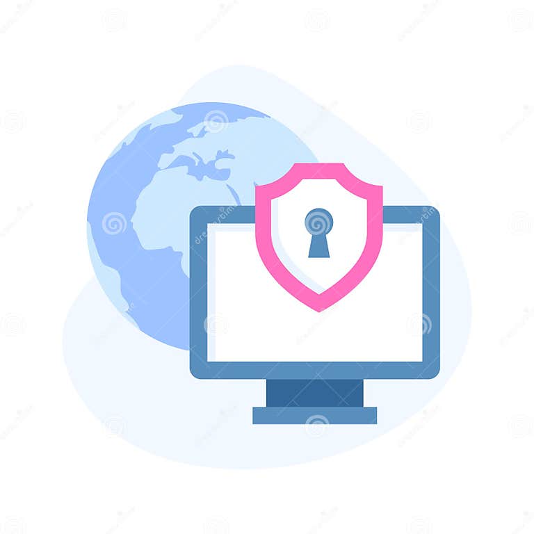 Keyhole Inside Safety Shield with Computer and Globe Showing Icon of Cyber Security in Flat ...