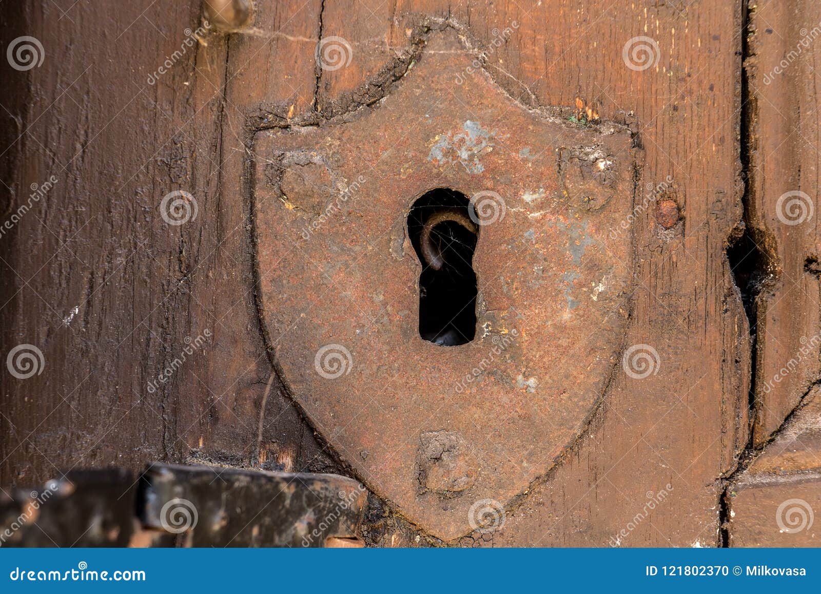 A Keyhole with a Shield in the Old Door. Stock Photo - Image of closeup ...