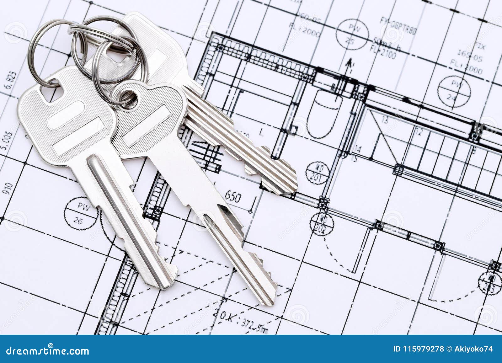 Keys on blueprint stock photo. Image of drawing, business - 115979278