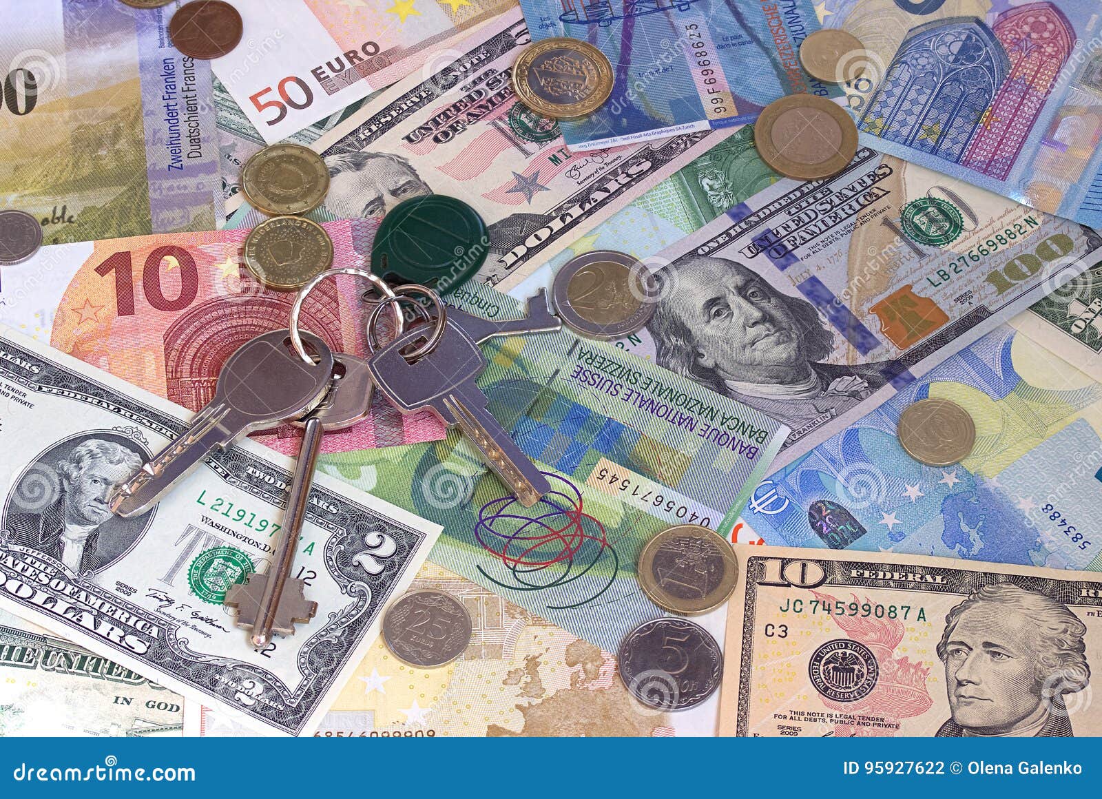 Keys Cash and Coins Abstract Money Background. Stock Photo - Image of ...