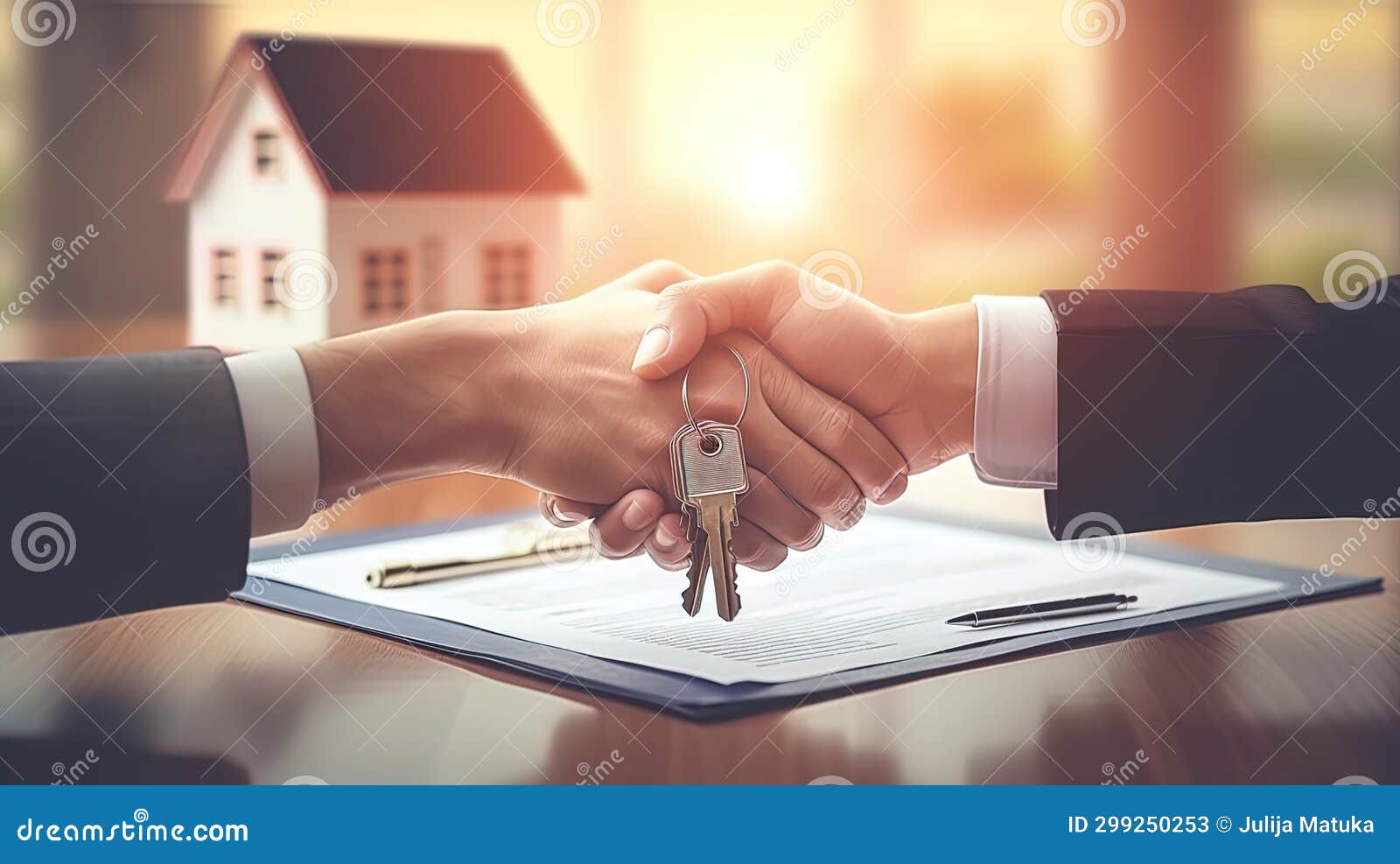 Keys Documents and Handshakes Against Bought House Symbolizing ...