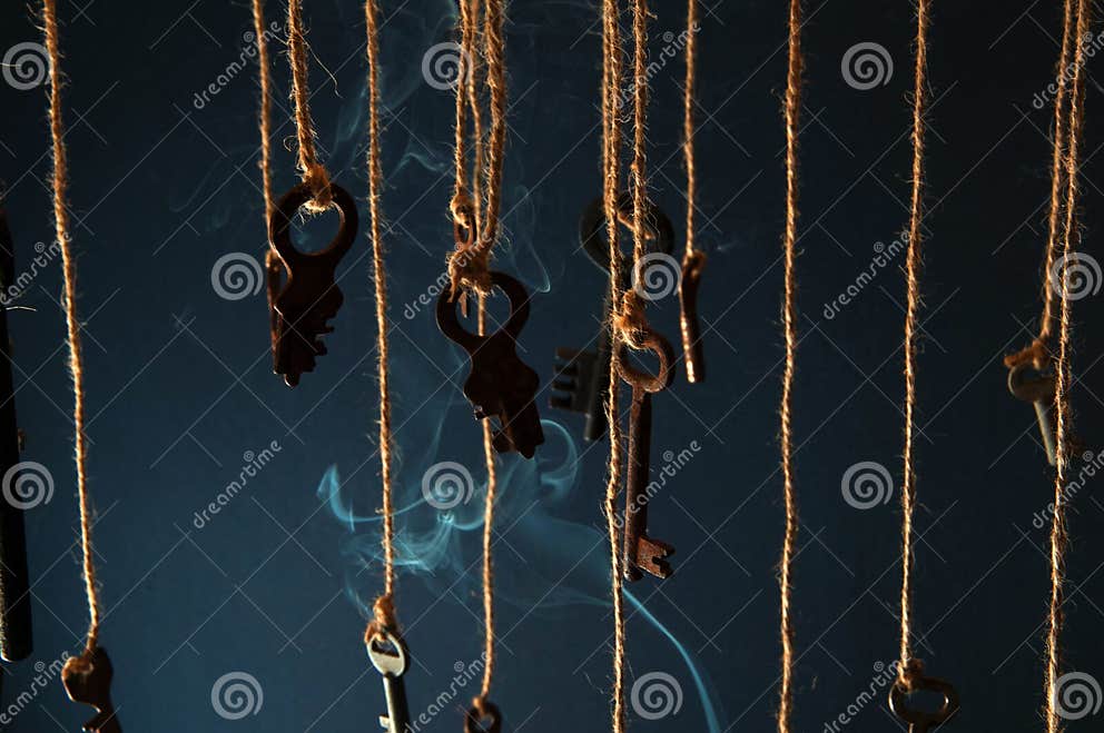 Keys Hanging on a String. Smoke Background Stock Photo - Image of dirty ...