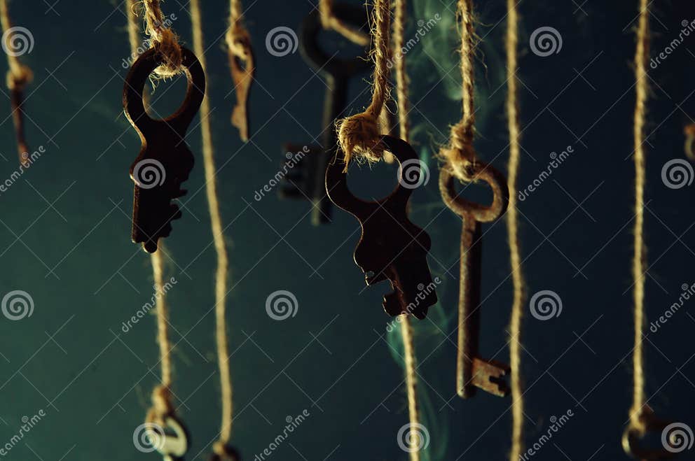 Keys Hanging on a String. Smoke Background Stock Image - Image of ...