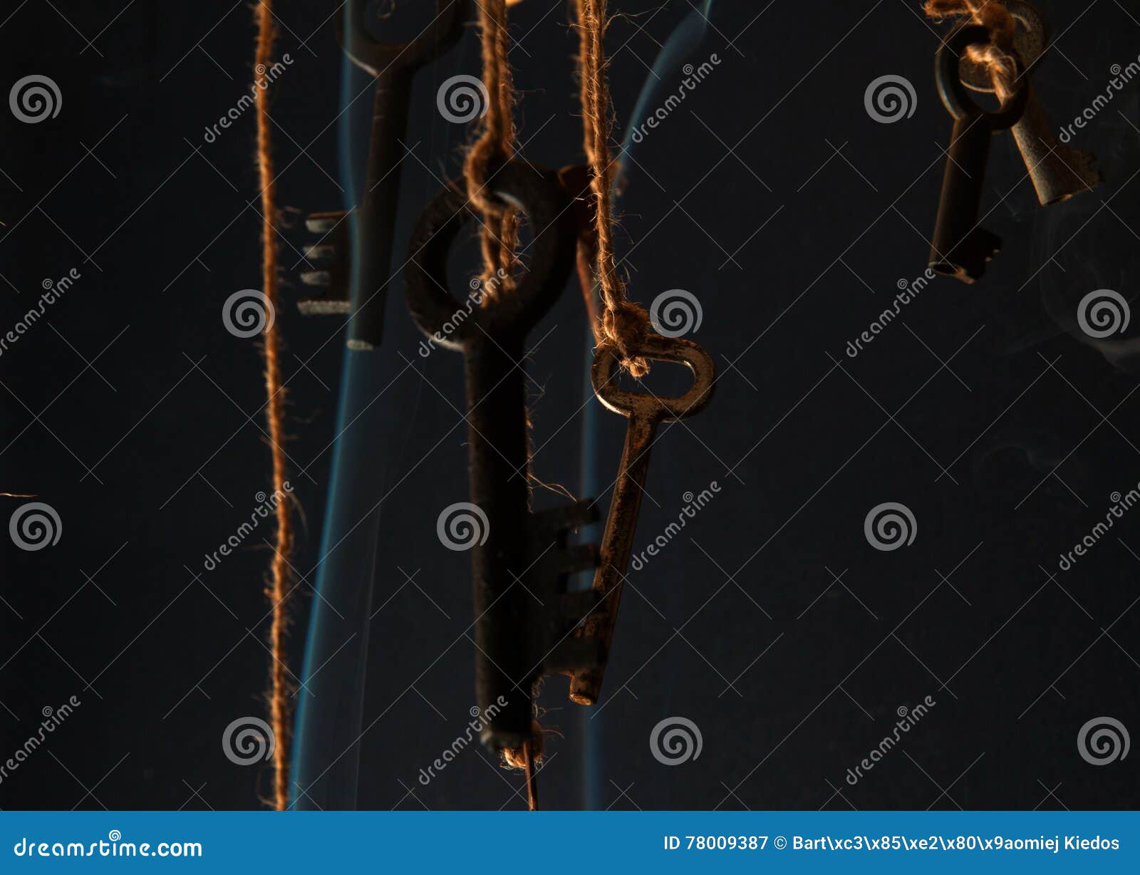 Keys Hanging on a String. Smoke Background Stock Image - Image of lock ...