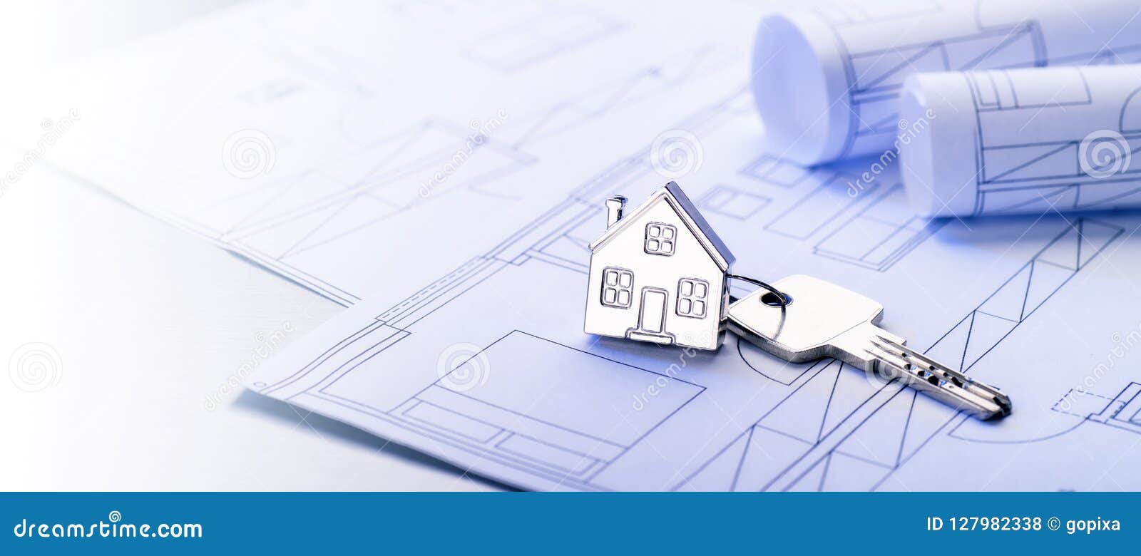 Keys with House As Keyring on Blueprints Stock Photo - Image of ...