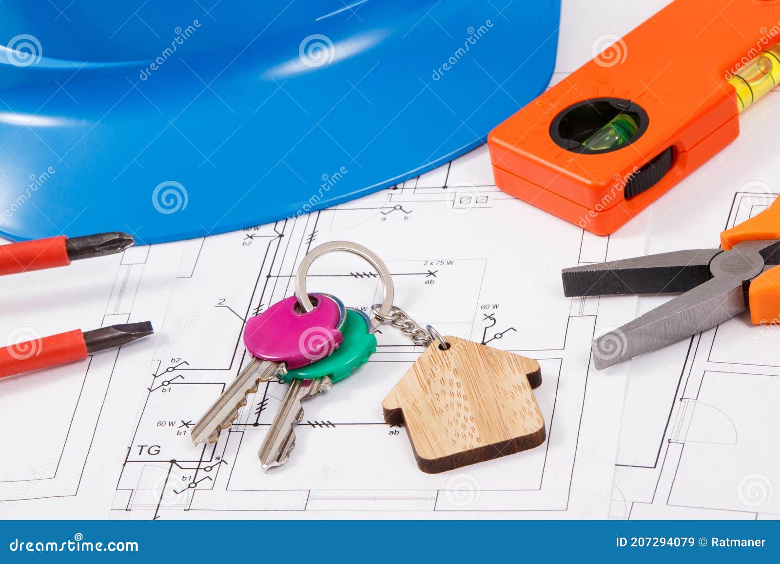 Keys with House Shape and Electrical Construction Drawings with Work ...