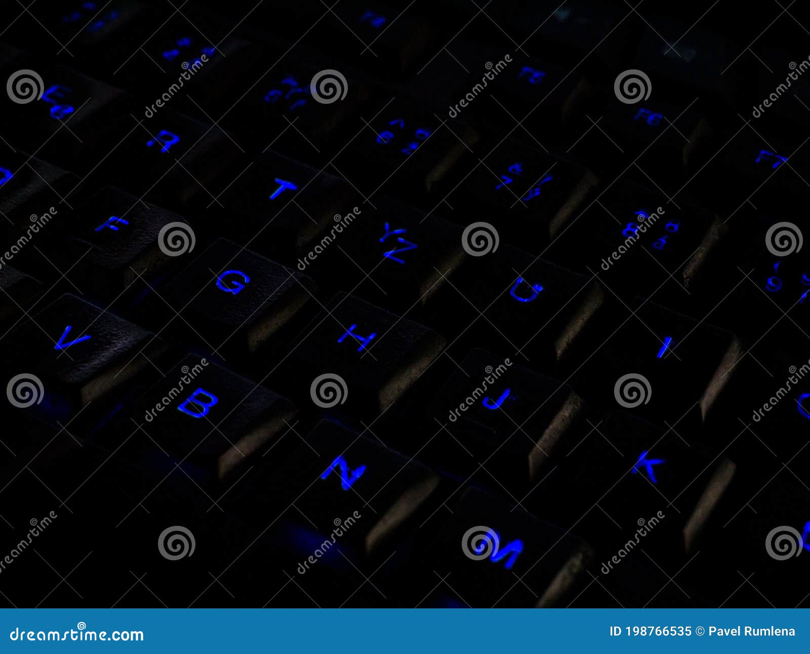 Keys on the Keyboard Backlit in Blue in the Dark Stock Image - Image of ...