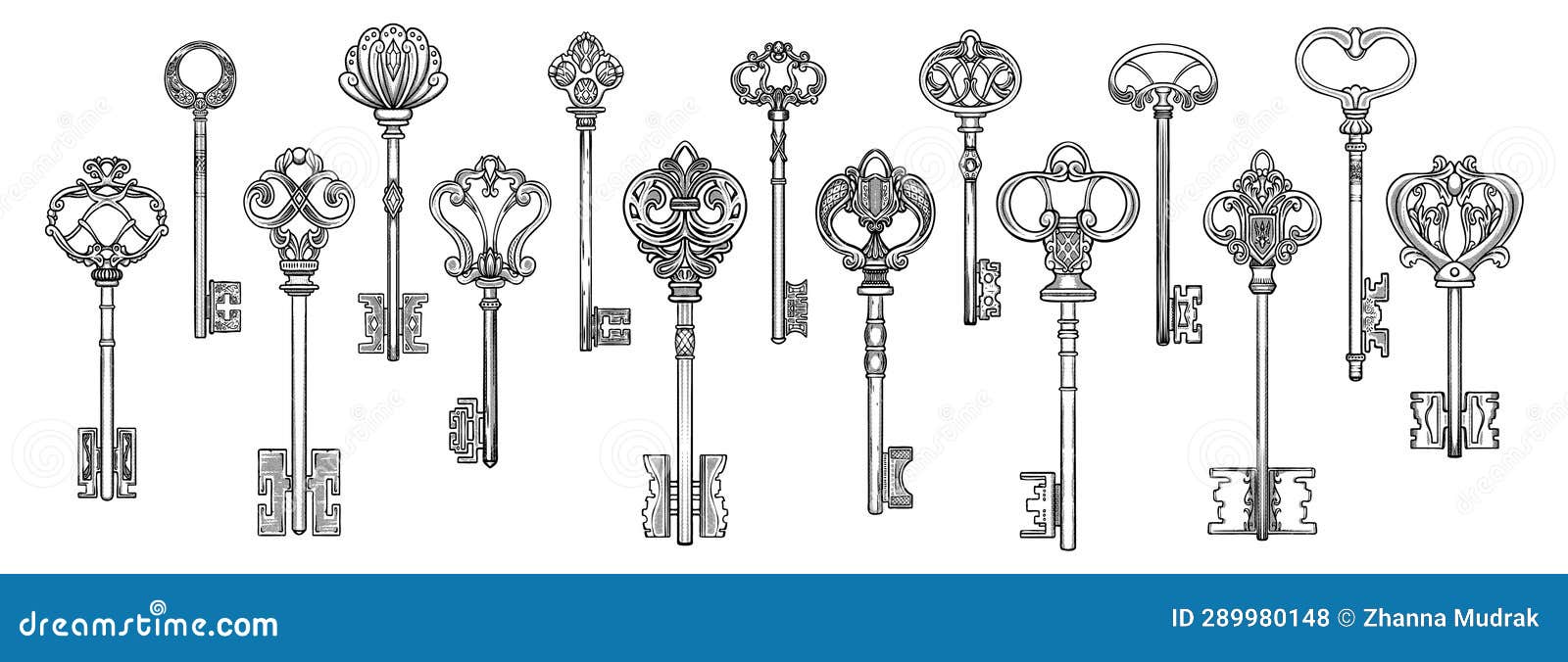 Keys Set of Different Shape Ornament and Secrecy in Vintage Style ...