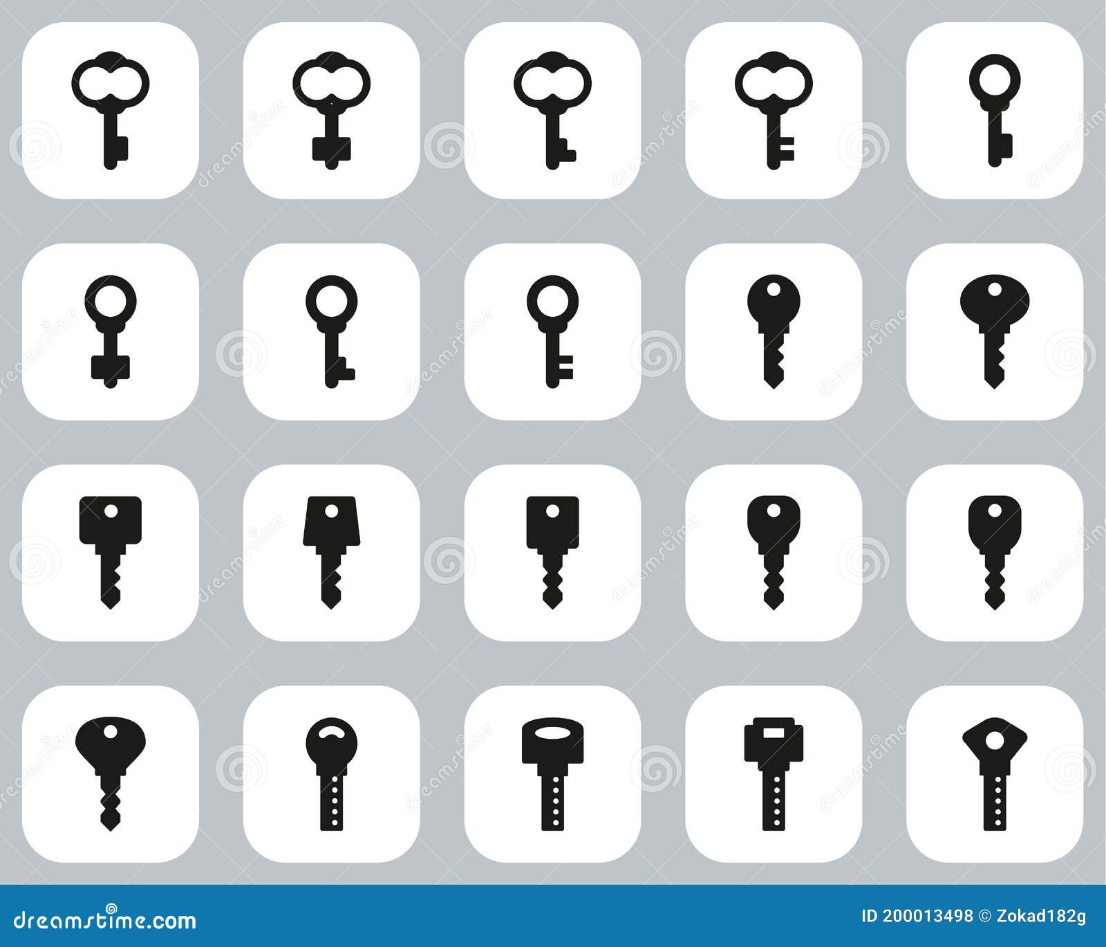 Keys or Various Shapes of Keys Icons Black & White Flat Design Set Big ...