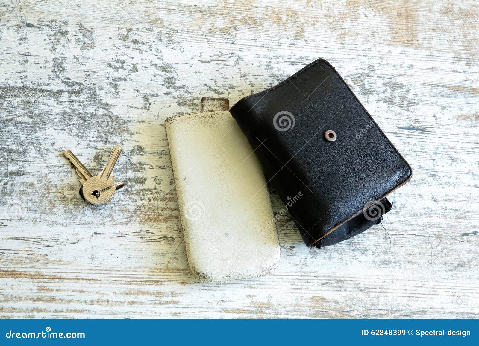 Keys, Wallet and a Smartphone on a Wooden Table Stock Image - Image of ...