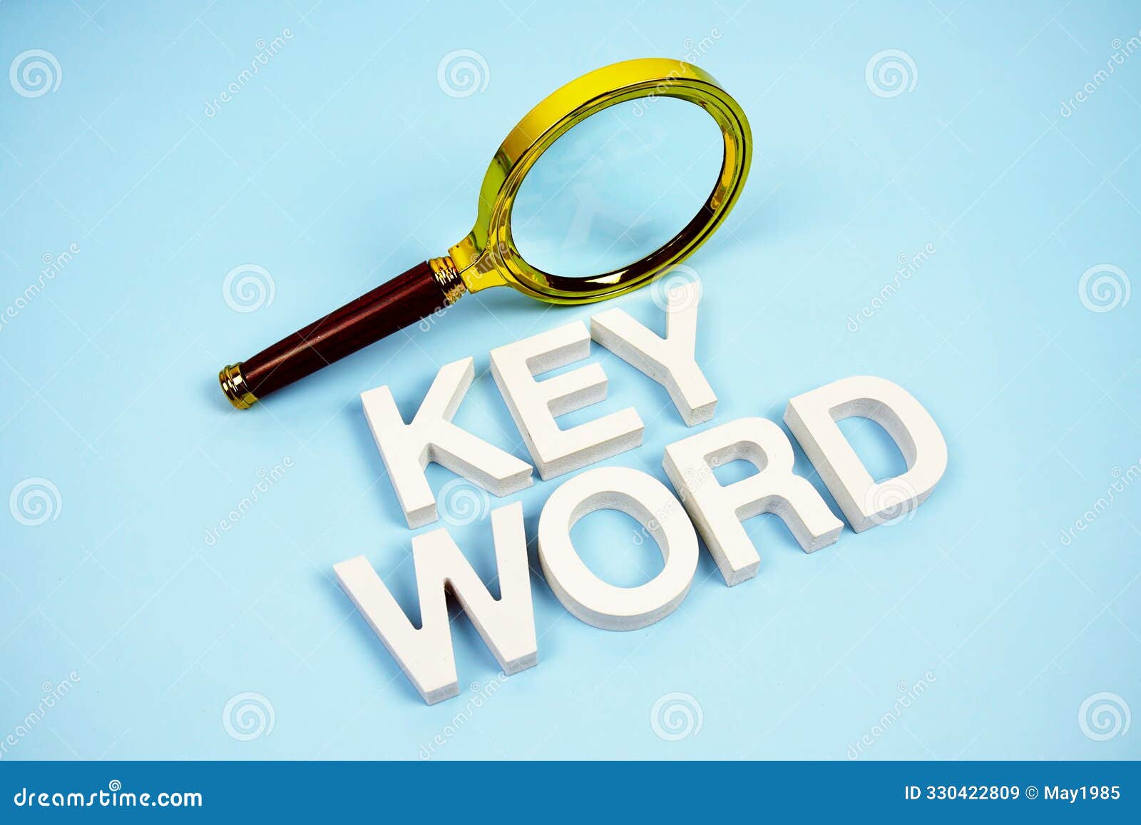Keyword Word with Magnifying Glass Top View on Blue Background Stock ...