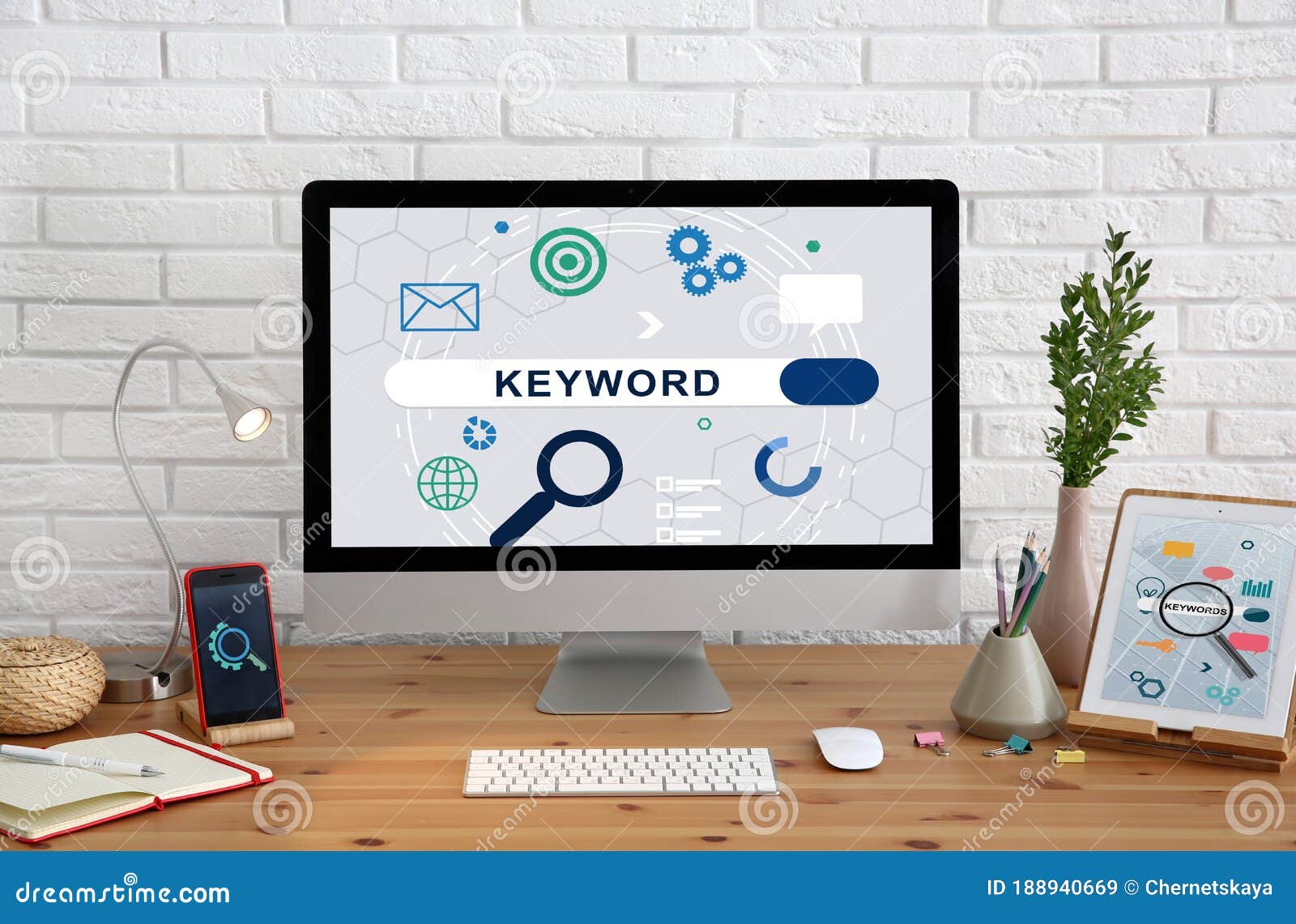 Keywords Research. Modern Computer with Search Bar on Wooden Table ...