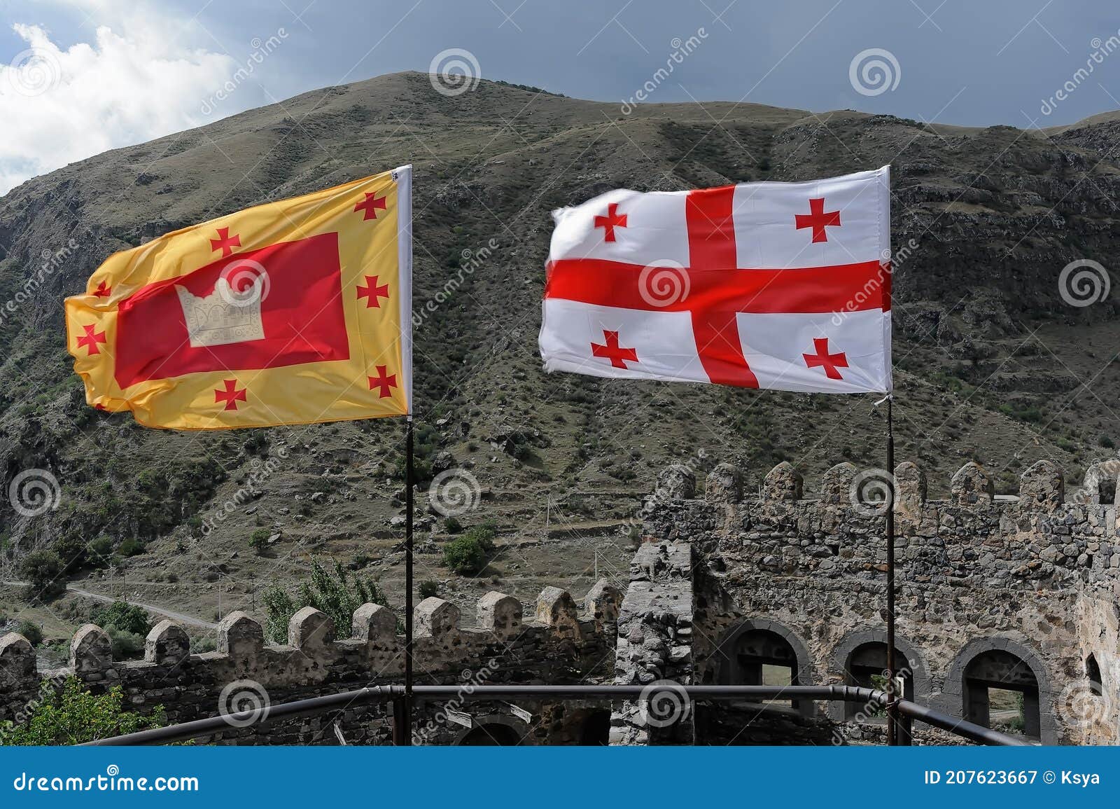 Khertvisi Battlement with Flags in Georgia Stock Image - Image of ...