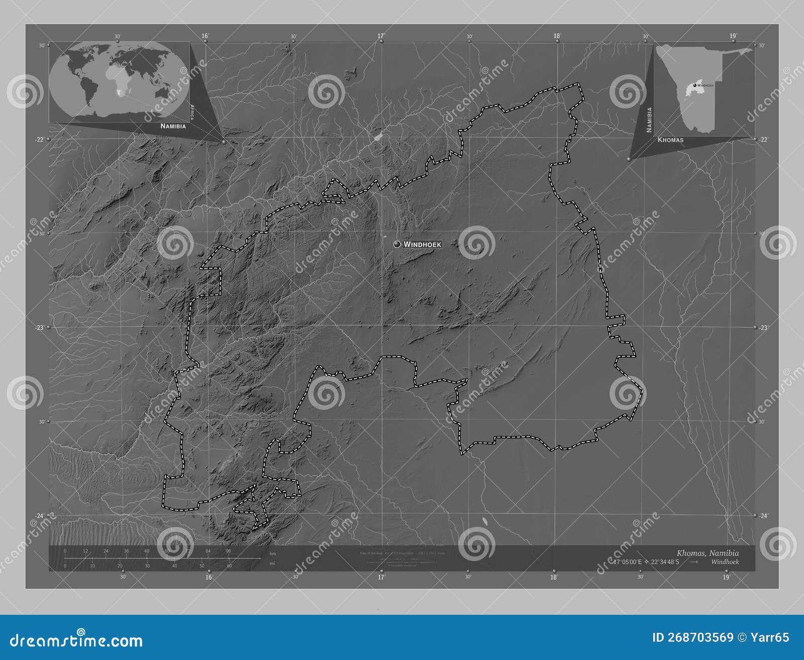 Khomas, Namibia. Grayscale. Labelled Points of Cities Stock ...