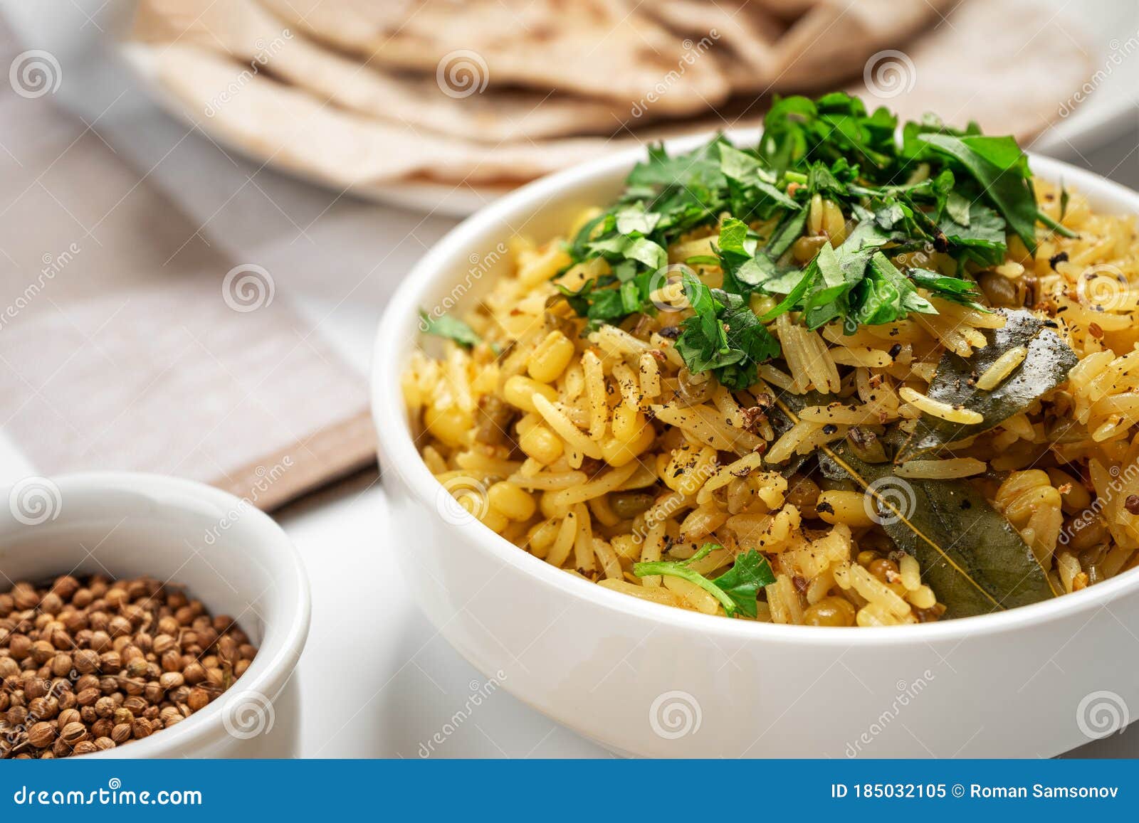 Kichari in a White Plate Decorated with Greenery Close-up Stock Image ...