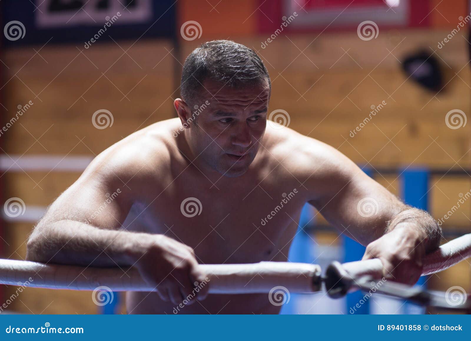 Kick Boxer Resting on the Ropes in the Corner Stock Photo - Image of ...