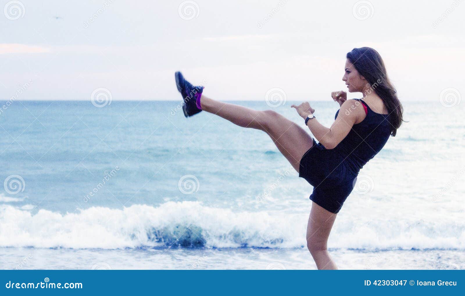 Kick Boxing Young Woman Working Out on the Beach Stock Image - Image of ...