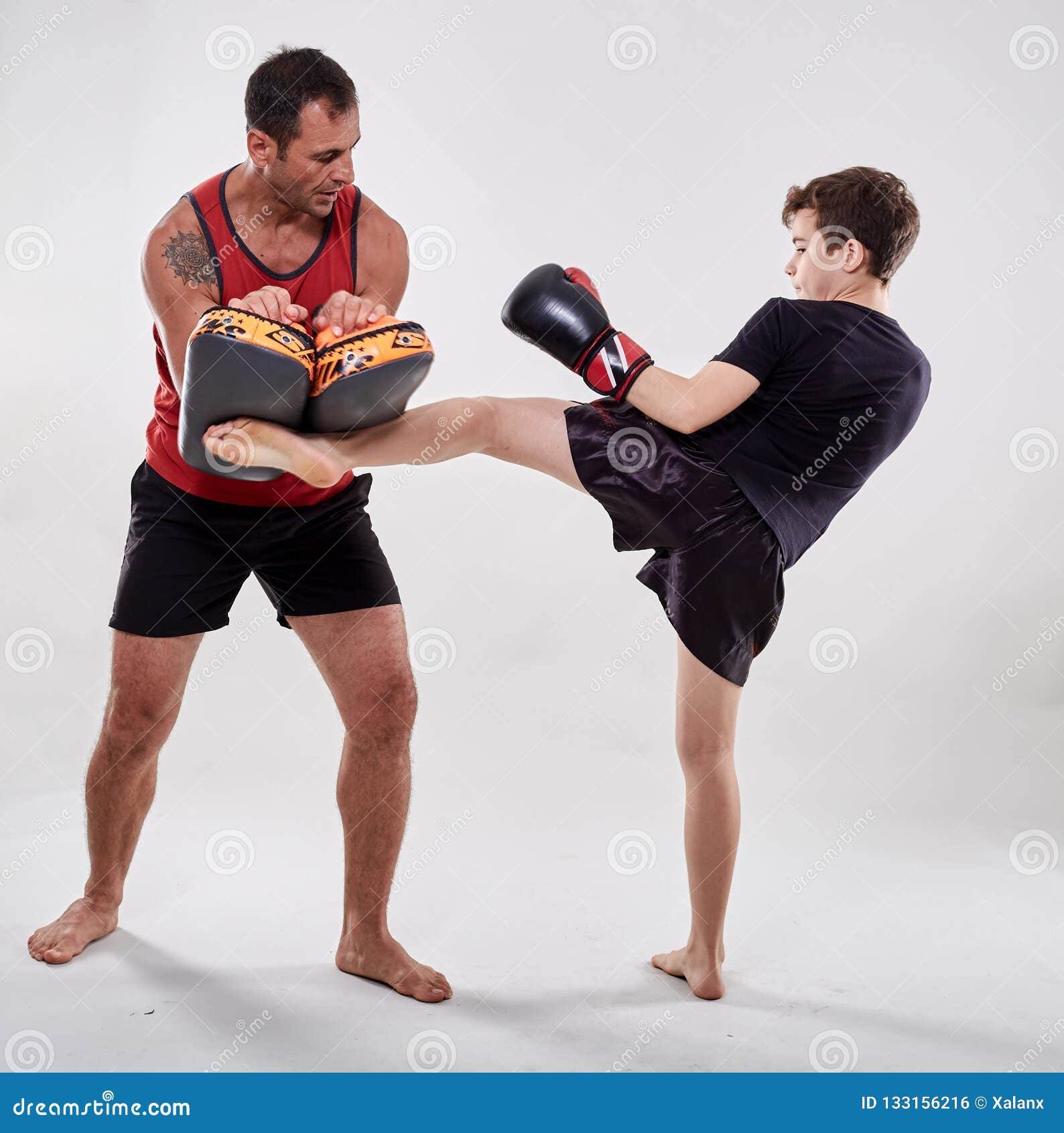 Kickboxer Kid and His Coach Stock Photo - Image of barefoot, body ...