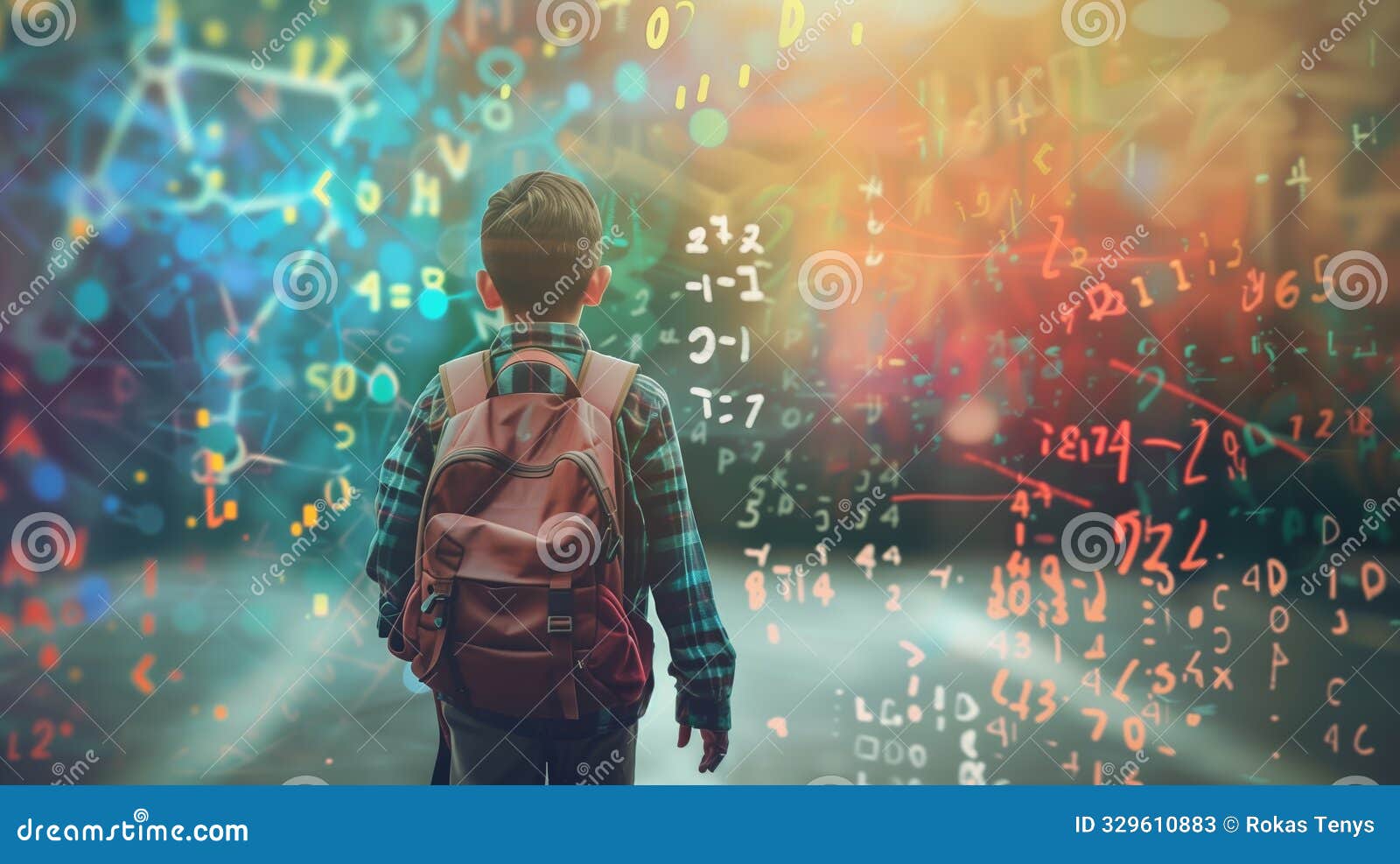 Kid with Backpack Going To School in Background of Mathematic and ...