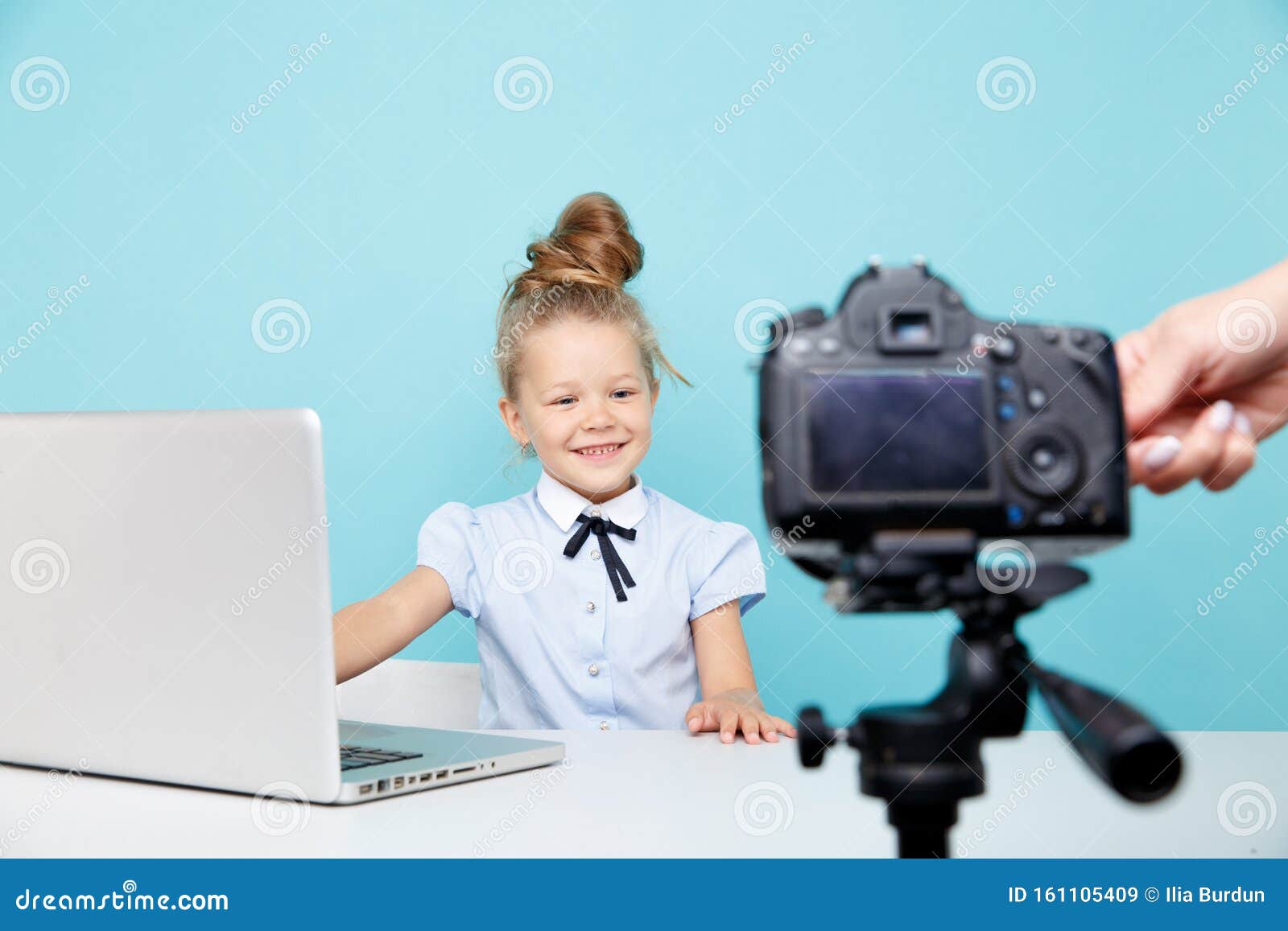 Kid Blogger Filming Video on Camera Working with the Laptop. Stock ...